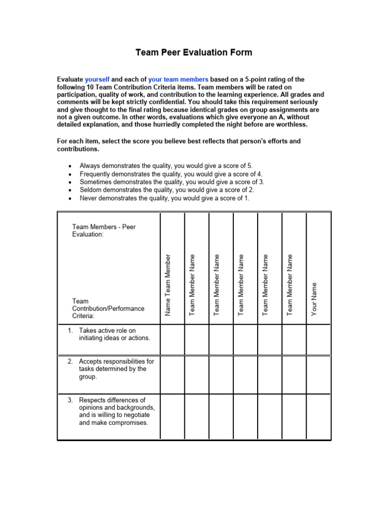 Team Peer Evaluation Form Pdf Cognition Social Psychology