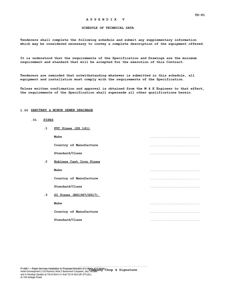 5.0 - Appendix V - Schedule of Technical Data | PDF | Pipe (Fluid Conveyance) | Water Heating