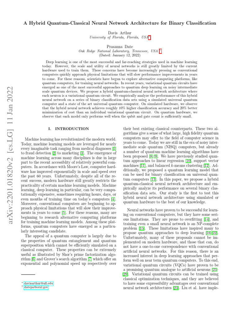 A Hybrid Quantum-Classical Neural Network Architecture For Binary Classification | PDF | Quantum ...