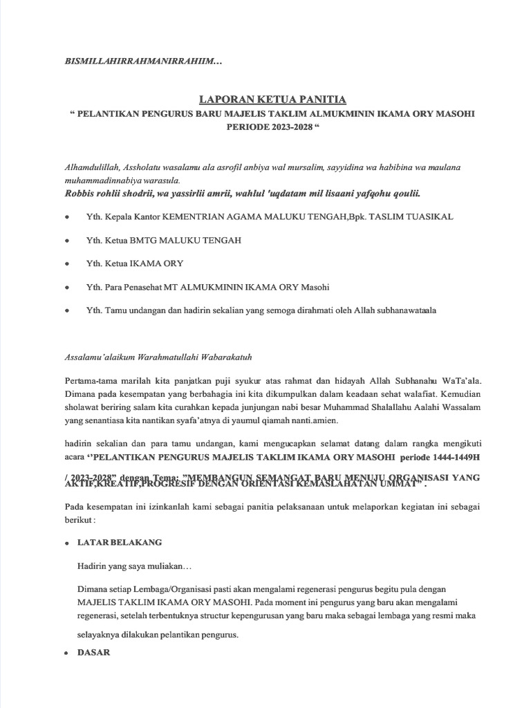 PDF Laporan Ketua Panitia Pelantikan MT Ikama Ory Compress | PDF