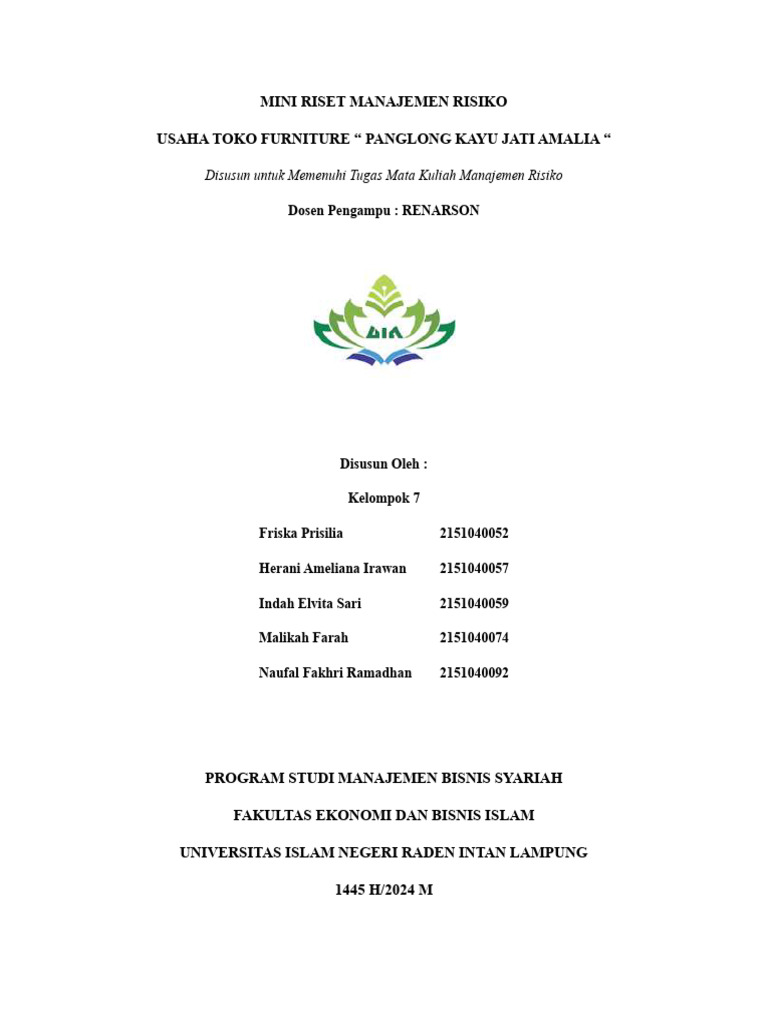 MINI RISET MANAJEMEN RISIKO Kel-7 | PDF | Bisnis | Pengelolaan Keuangan & Uang
