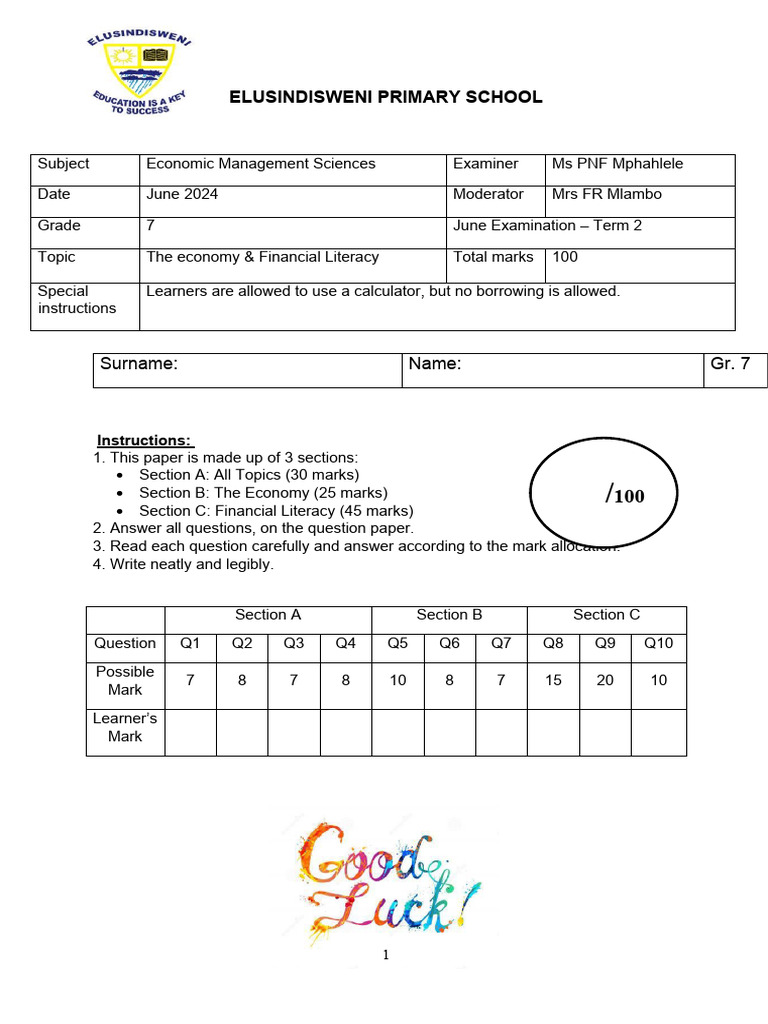 Grade 7 Ems June Exam Term 2 2024 | PDF | Money | Expense