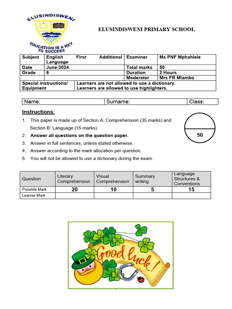 Gr6 EFAL June Test 2024 | PDF | Syntax | Languages