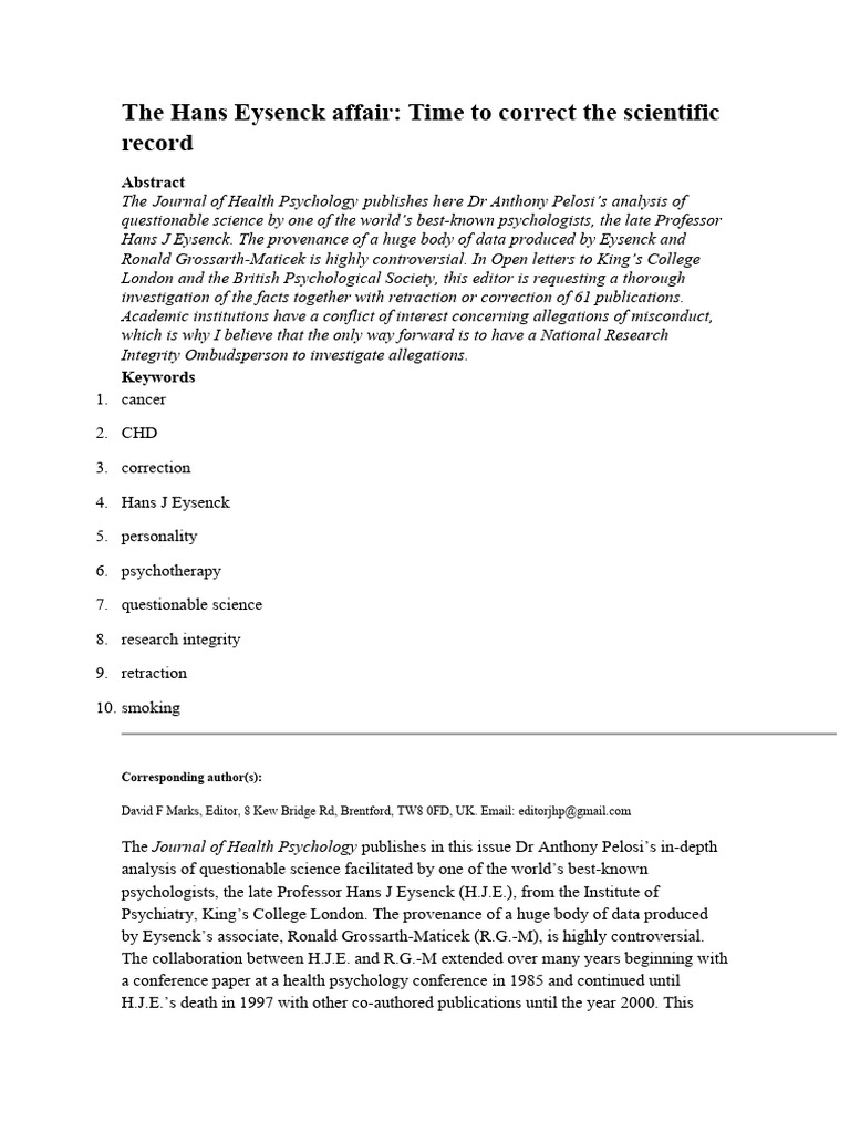 The Hans Eysenck affair time to correct the scientific record. Journal ...