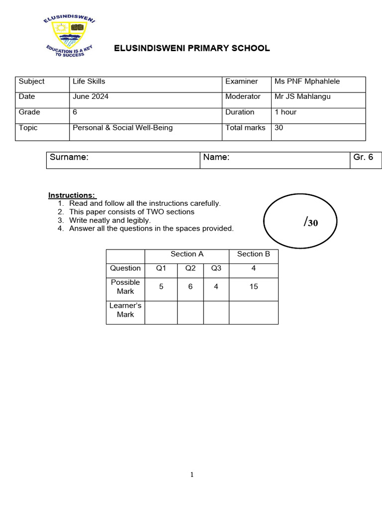 Grade 6 Life Skills Exam Paper 2024 | PDF | Cognition | Learning