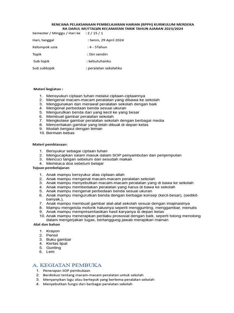 RPPH Tema Diri Sendiri | PDF