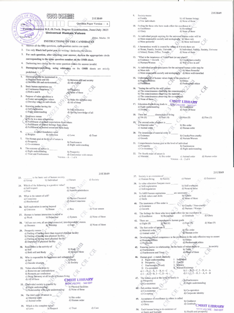 VTU Question Paper of 21UH49 Universal Human Values June-July-2023 | PDF
