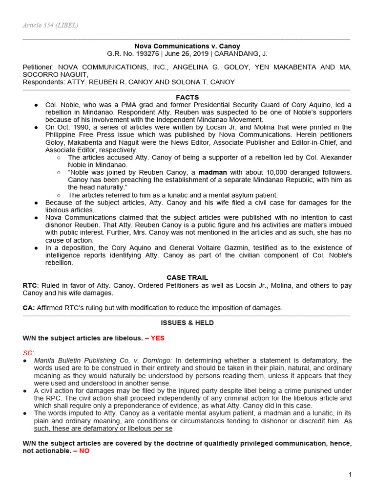Nova Communications v. Canoy | PDF | Defamation | Public Law