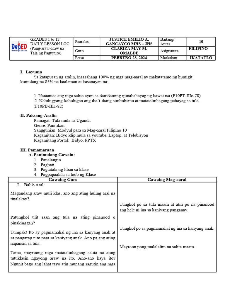 Modyul 4 Grade 10 - Elemento NG Tula | PDF