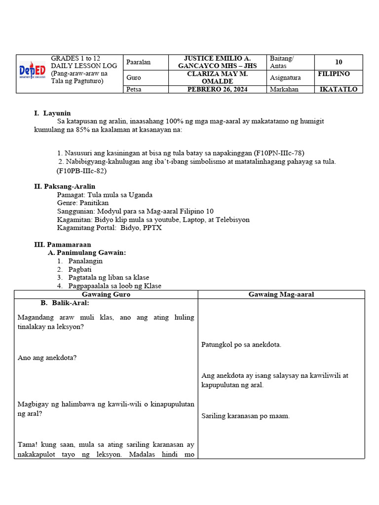 Modyul 4grade 10 - Tula Mula Sa Uganda | PDF