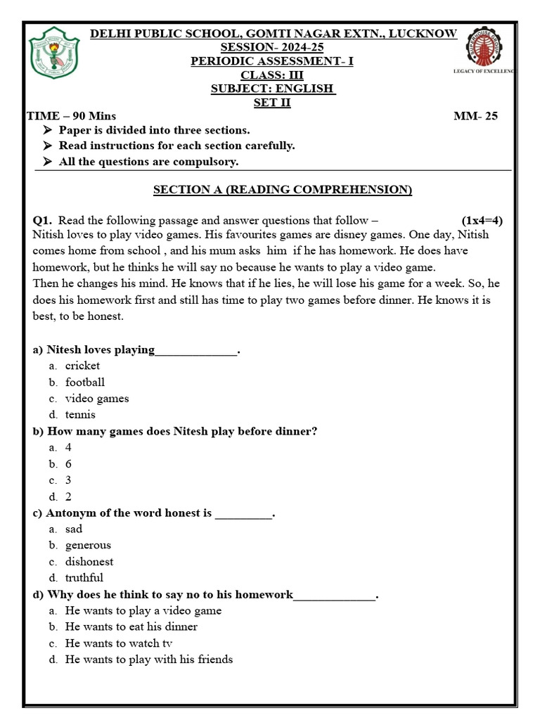 Class III English Assessment 2024-25 | PDF