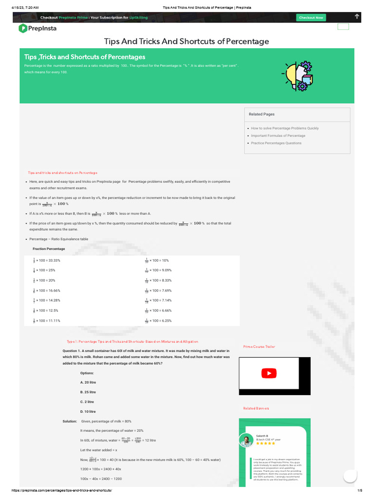 Percentage Tips & Shortcuts Guide | PDF | Percentage | Computing