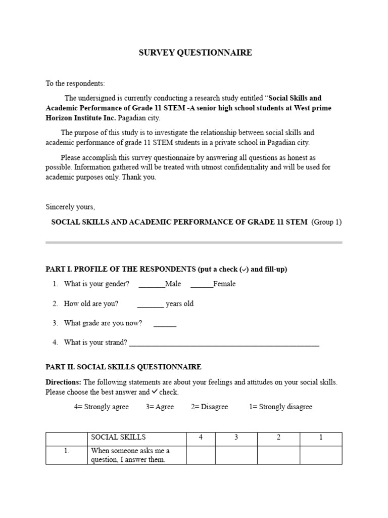 Survey-questionnaire Group 1 - Copy | PDF | Questionnaire | Social Skills