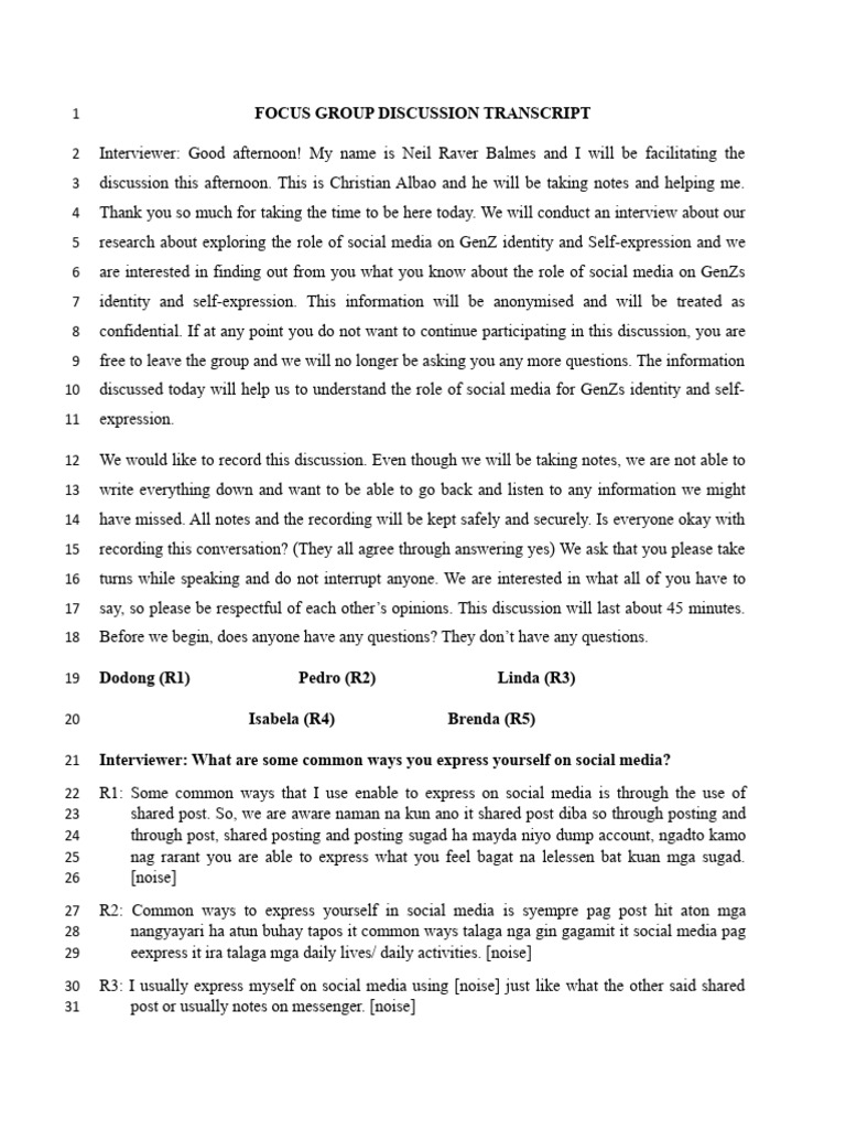 Focus Group Discussion Transcript 1 | PDF | Focus Group | Social Psychology
