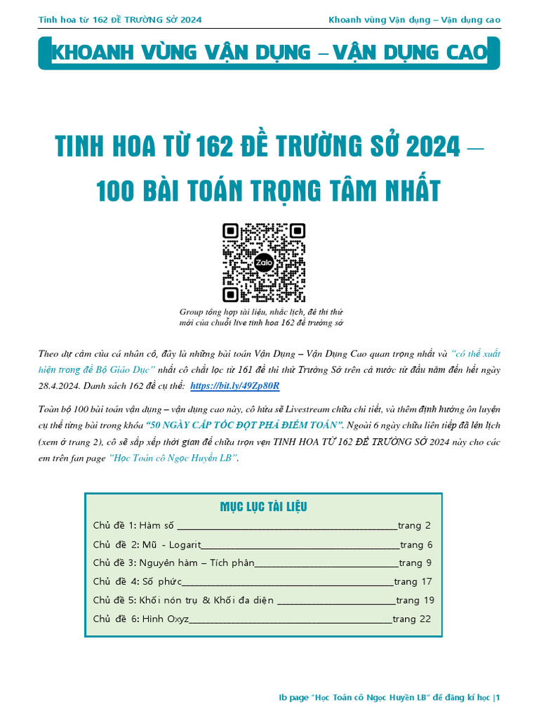 100 Bài Toán VD-VDC Trọng Tâm - Tinh Hoa Từ 162 Đề Trường Sở 2024 | PDF
