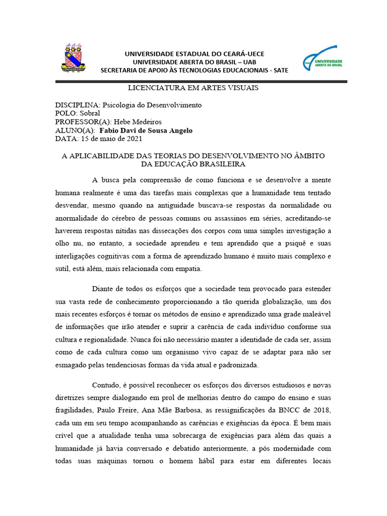 Atividade Psicologia Do Desenvolvimento Davi | PDF | Aprendizado | Psicologia