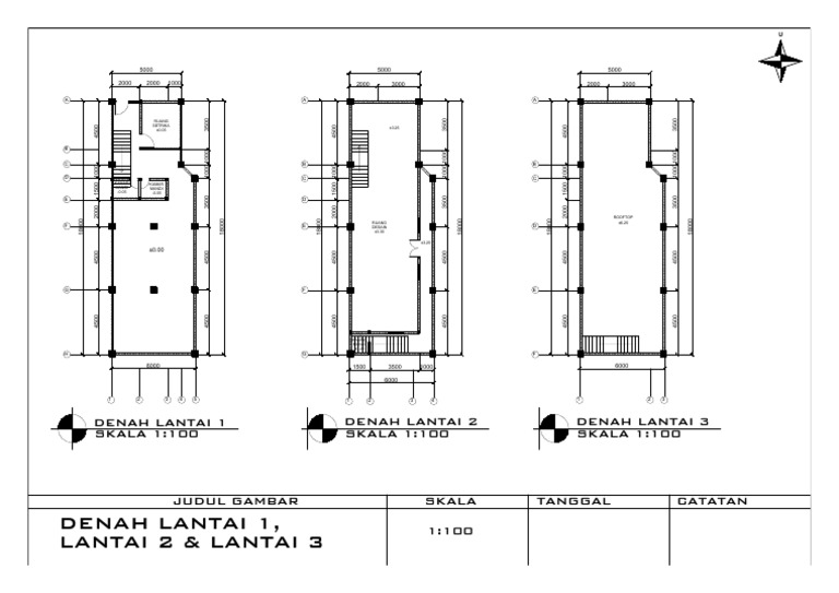 Denah Lantai 1, 2, & 3 Skala 1:100 | PDF
