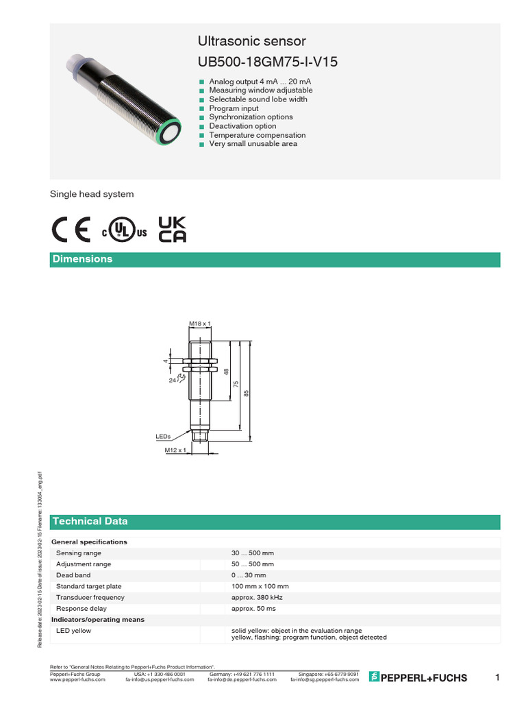 Ultrasonic Sensor UB500-18GM75-I-V15: Dimensions | PDF | Sensor ...