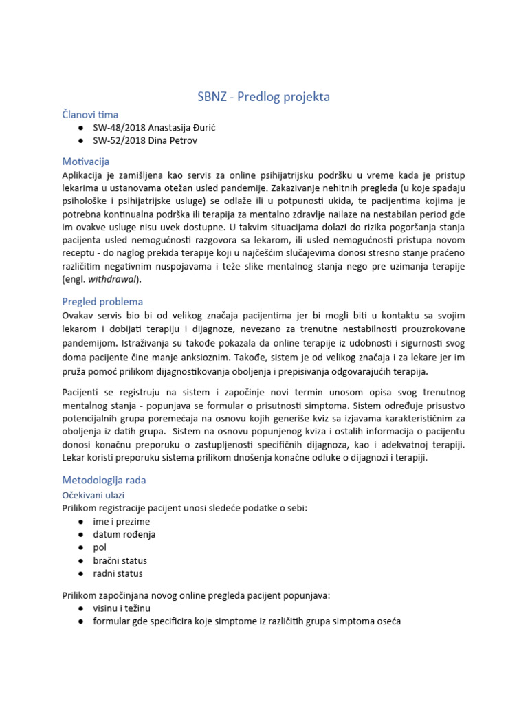 SBNZ Predlog Projekta | PDF