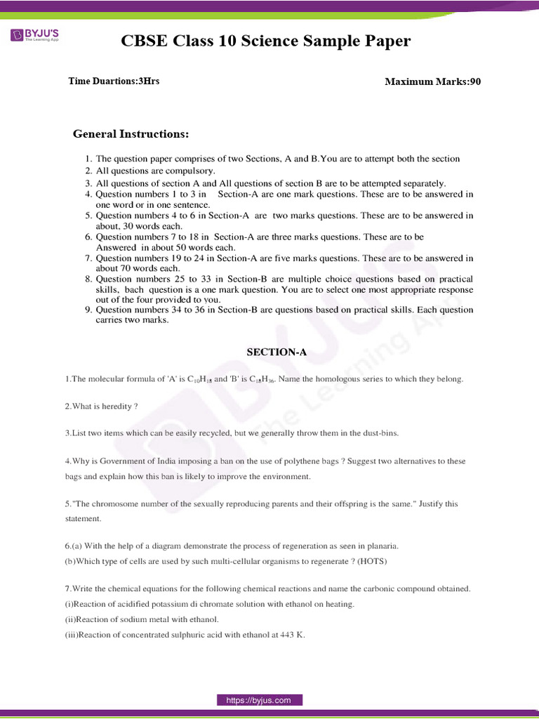 CBSE Class 10 Science Sample Paper Set 3 | PDF | Sodium Hydroxide ...