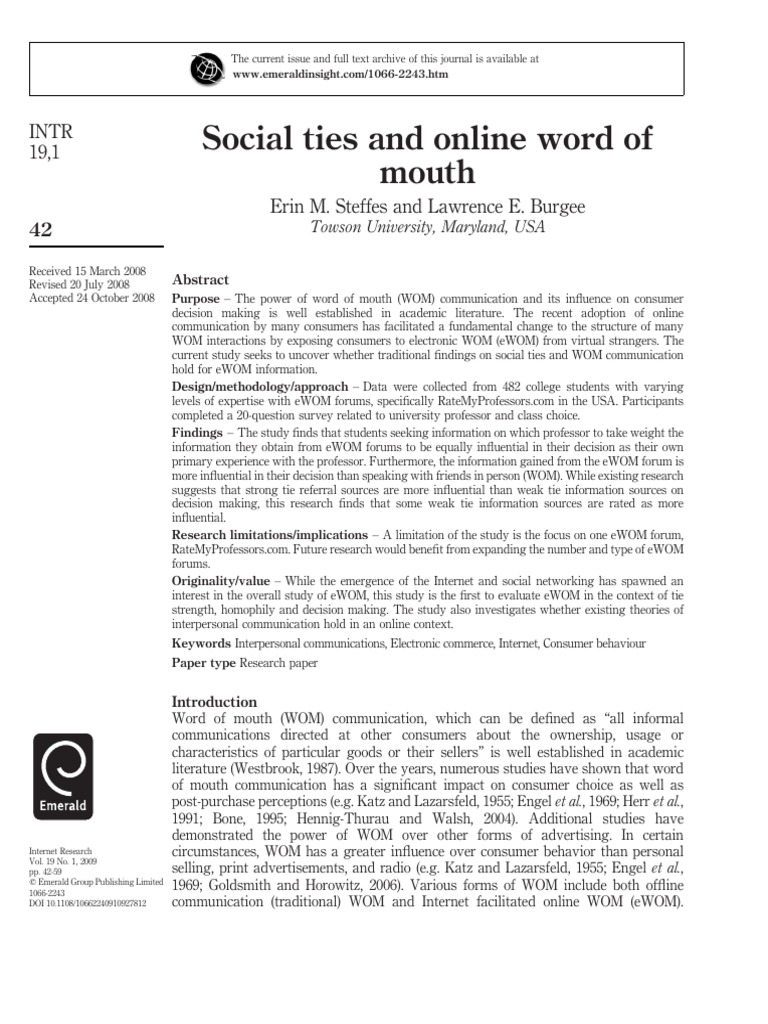 2009 - Social Ties and Online Word of Mouth | PDF | Consumer Behaviour ...