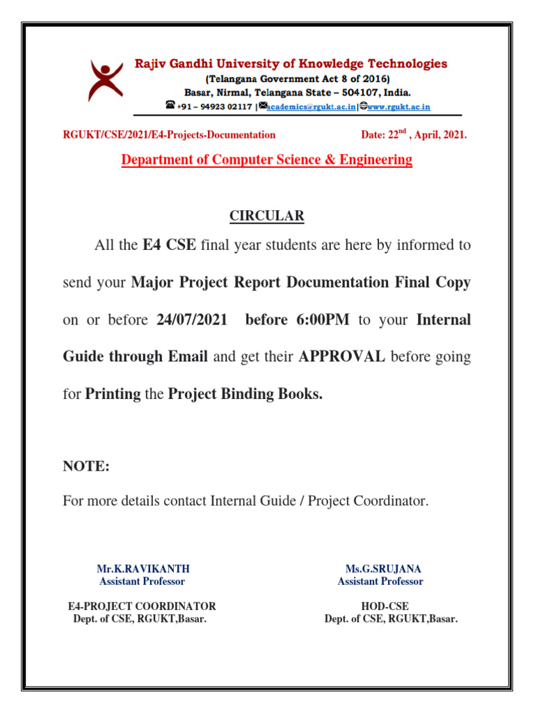 E4 CSE Major Project Report Submission Circular AY 2020-21 | PDF