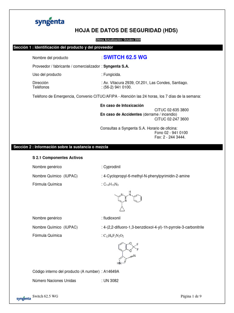 Switch - 62.5 - WG9 Ficha de Seguridad | PDF | Agua | Residuos