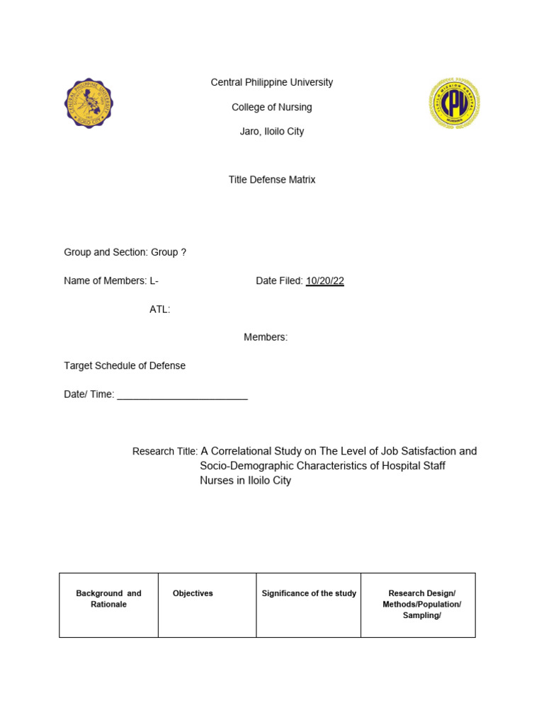 Title Defense Matrix Sample | PDF | Job Satisfaction | Nursing