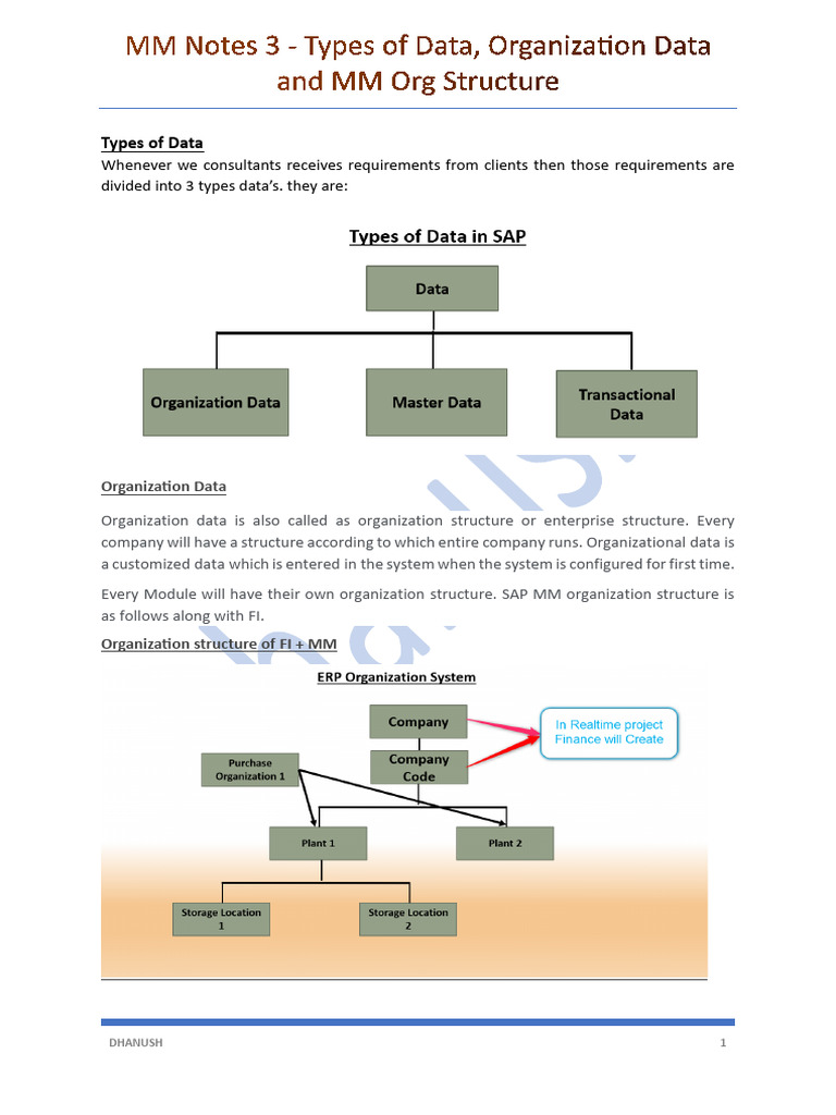 Notes 3 - Types of Data, Organization Data and MM Org Structure ...