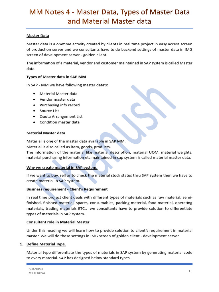 Notes 4 - Master Data, Types of Master Data and Material Master Data ...