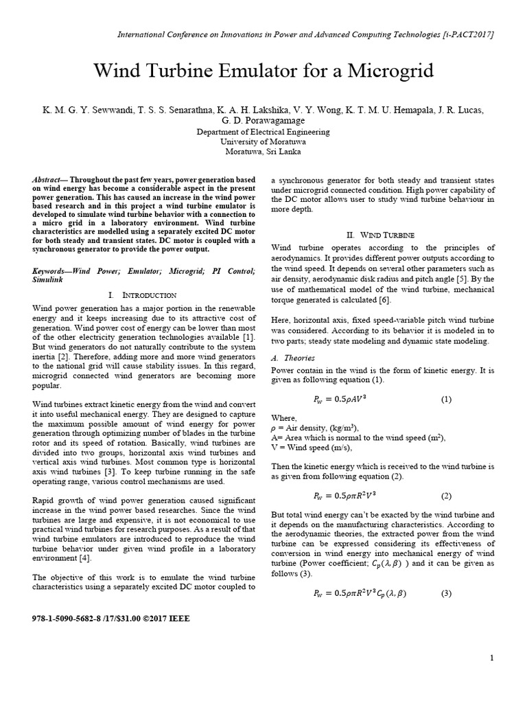 Wind Turbine Emulator For A Microgrid | PDF | Wind Power | Electric Motor