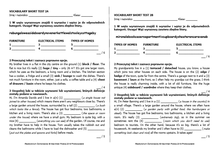 Vocab - Short Test - Unit - 2A&2B | PDF | Bedroom | Home