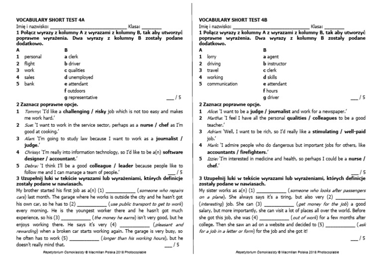 Vocab - Short Test - Unit - 4A&4B | PDF