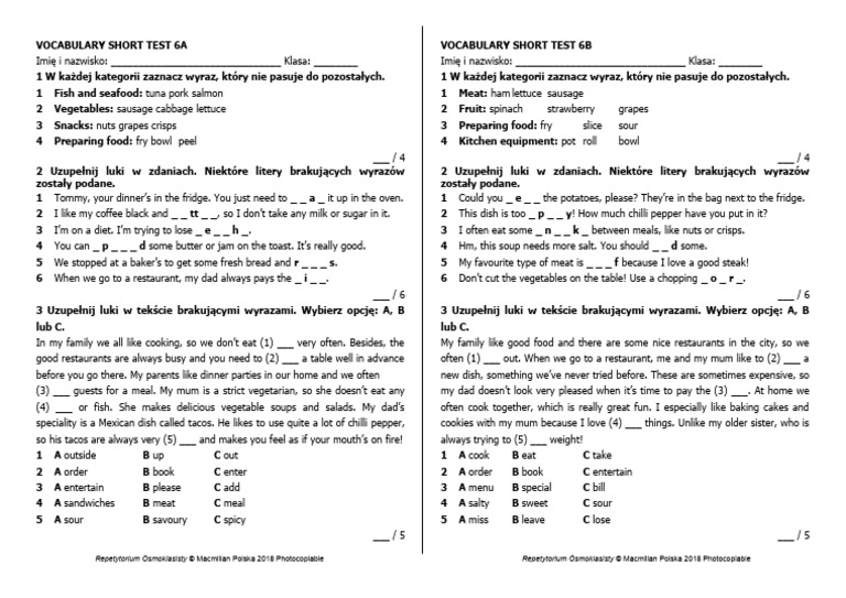 Vocab - Short Test - Unit - 6A&6B | PDF | Sausage | Restaurants