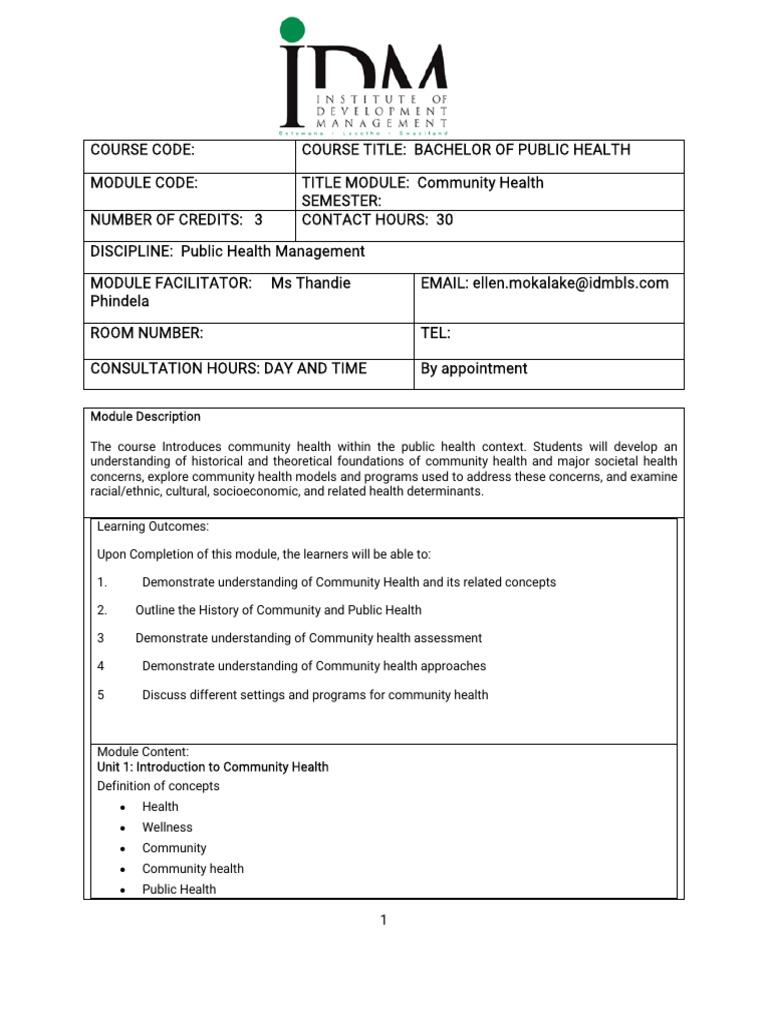 Comminity Health Course Outline Final-Crcted | PDF