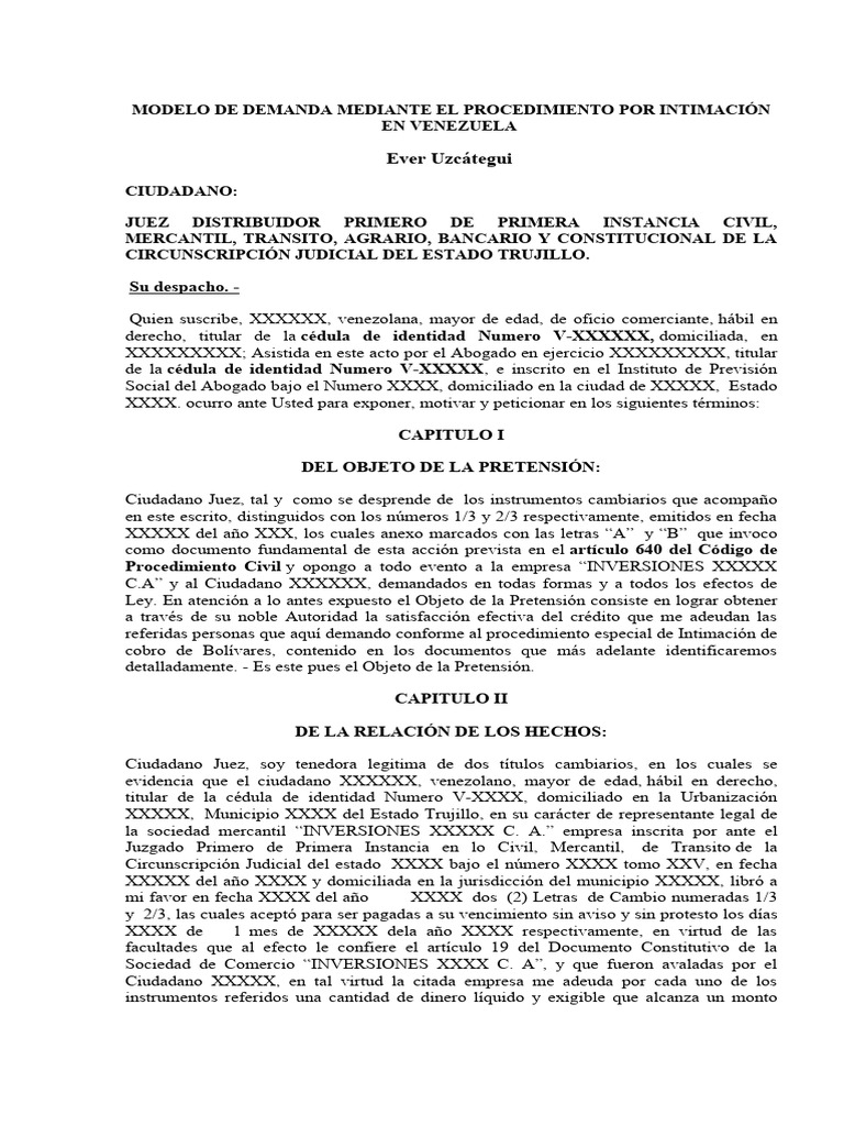 Modelo de Demanda Mediante El Procedimiento Por Intimación en Venezuela ...