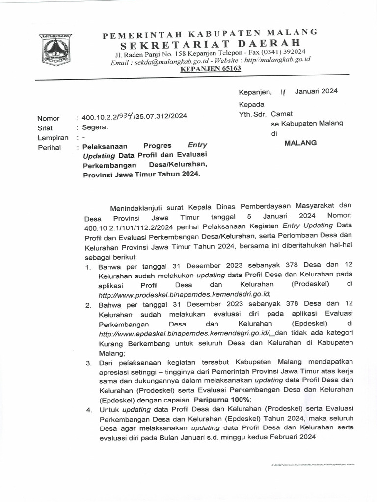 Pelaksanaan Progres Entry Updating Data Desa | PDF