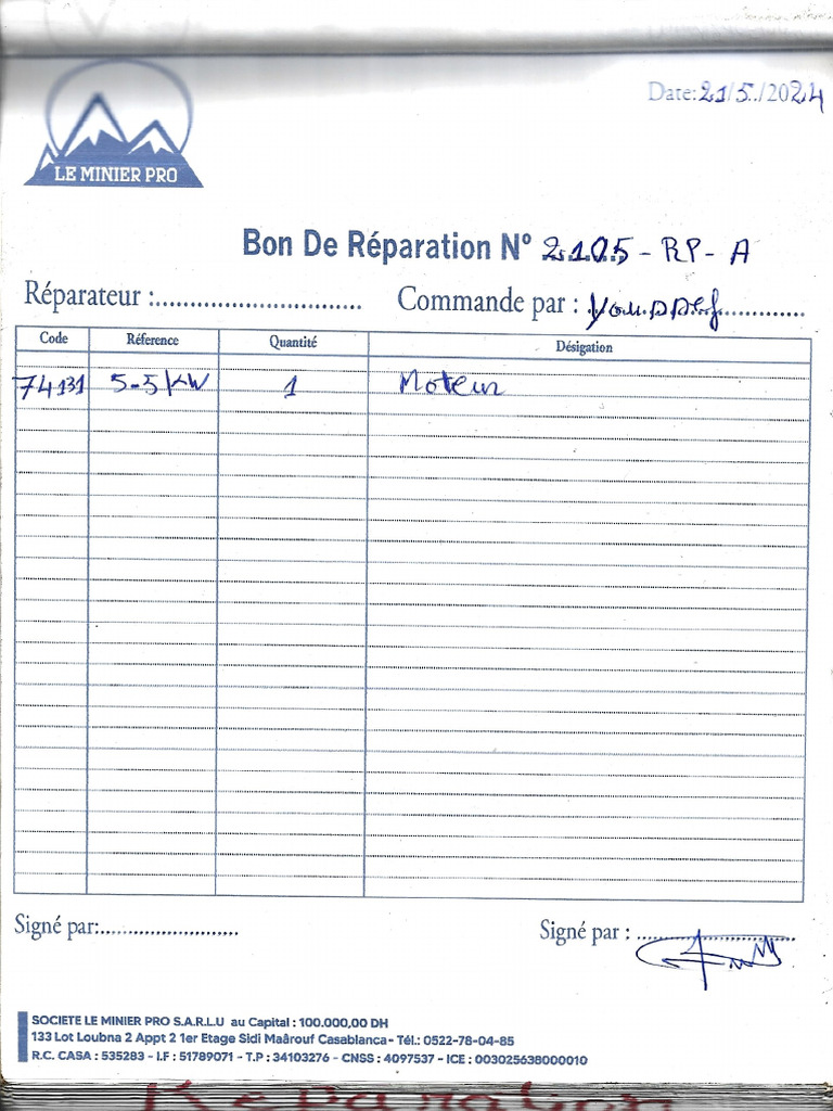 Bon de Réparation 2105-RP-A | PDF