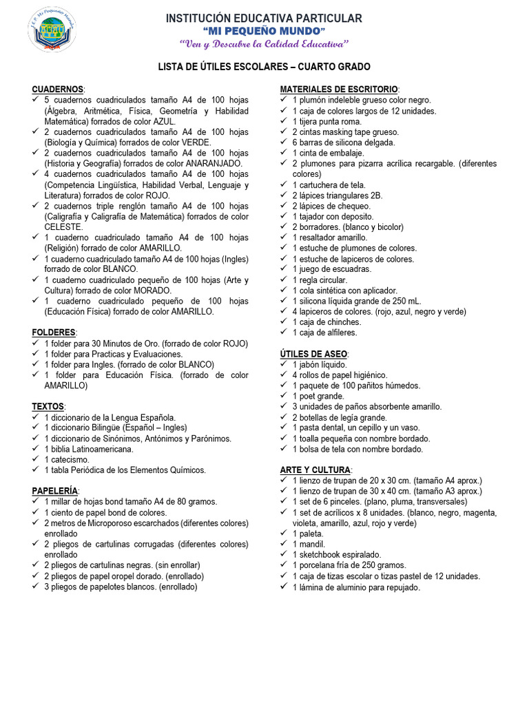 ÚTILES ESCOLARES 2024 - 4to | PDF | Color | Visión