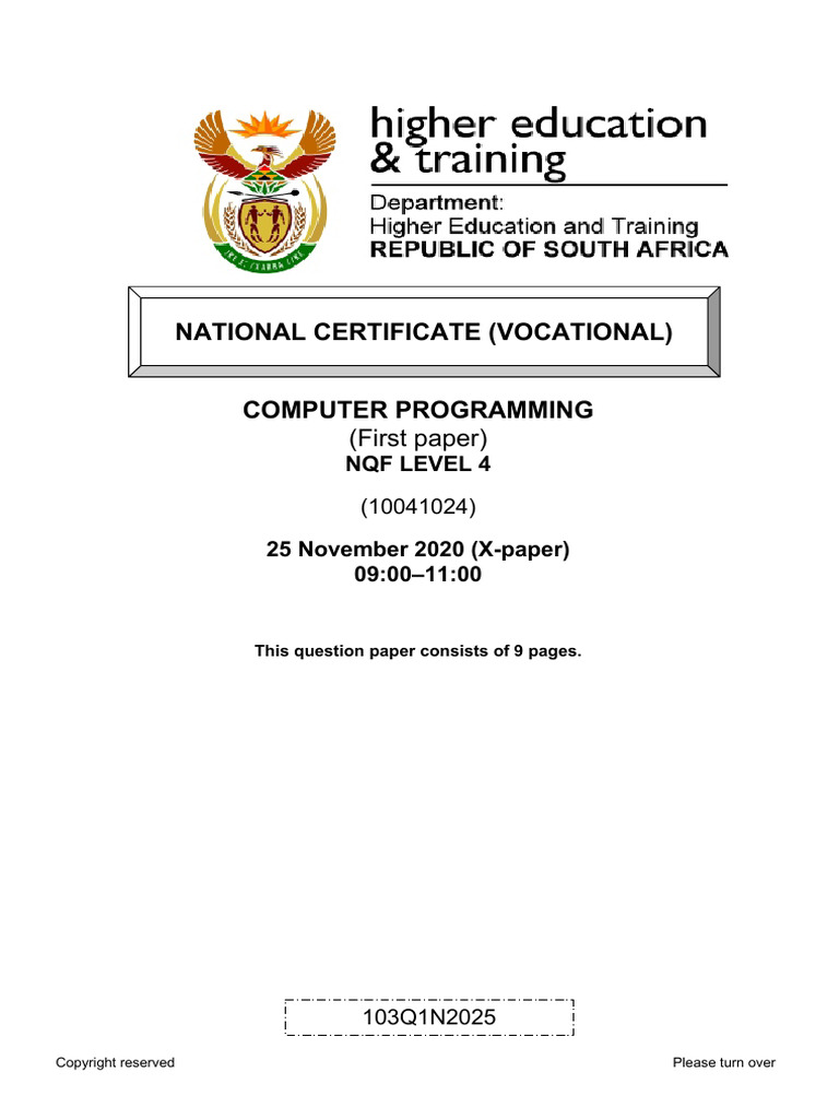 NCV4 Computer Programming Paper 1 November 2020 | PDF | Class (Computer ...