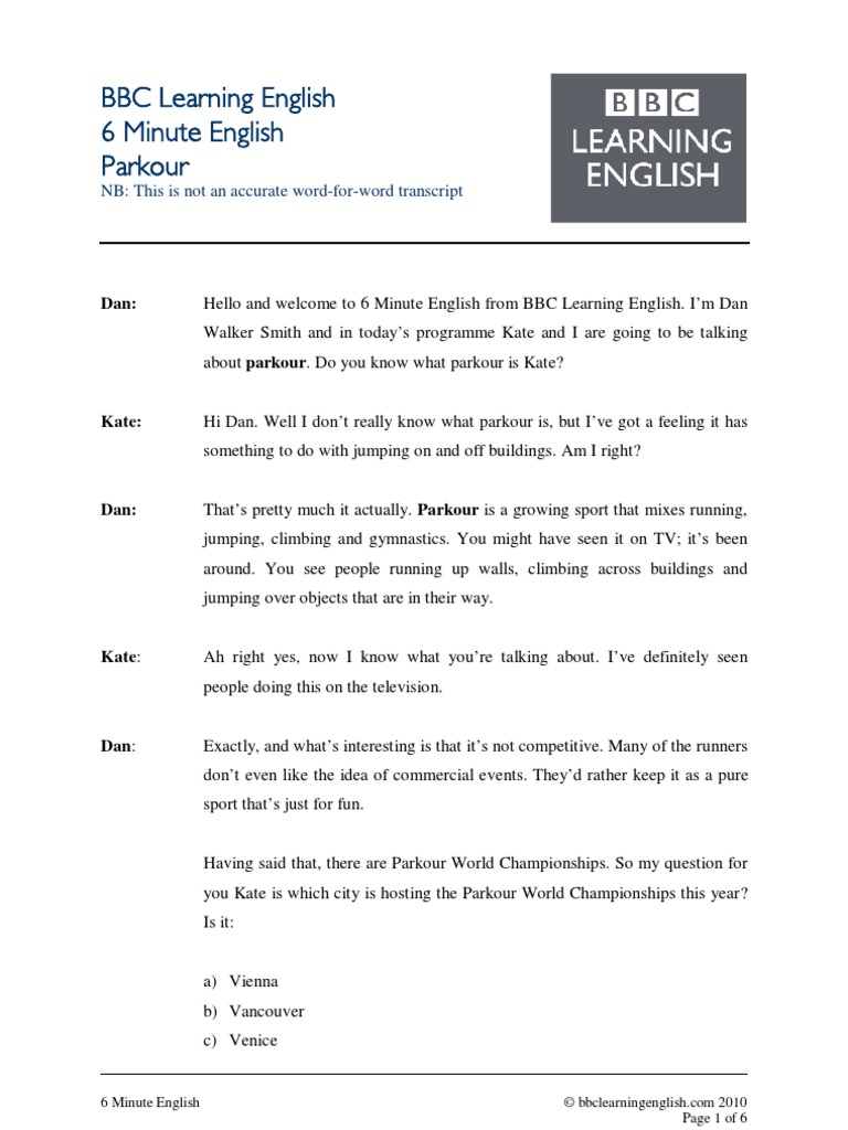 BBC Learning English 6 Minute English Parkour: NB: This Is Not An ...