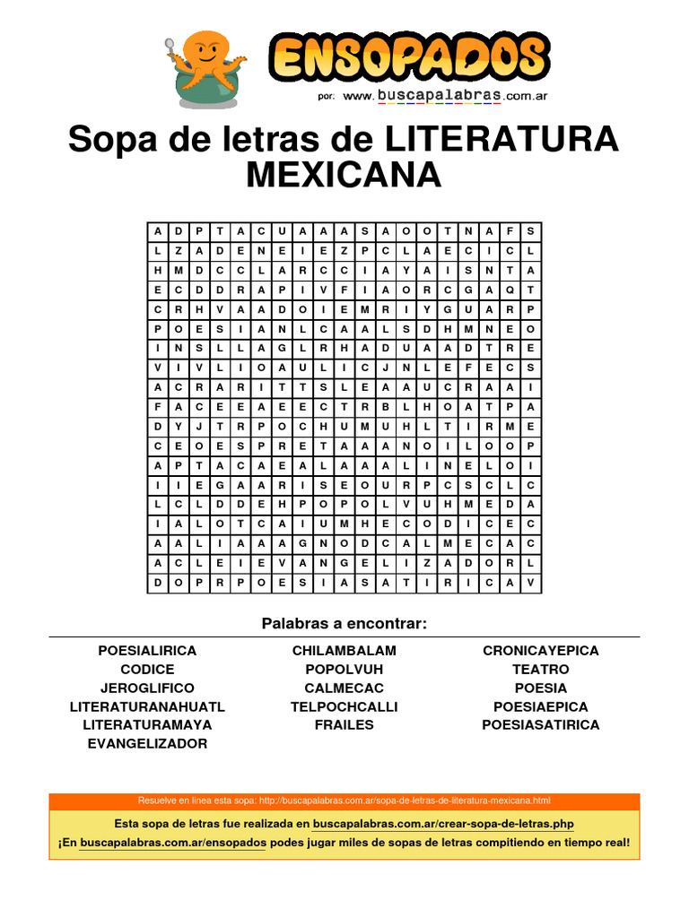 Sopa de Letras de Literatura Mexicana | Descargar gratis PDF | azteca ...