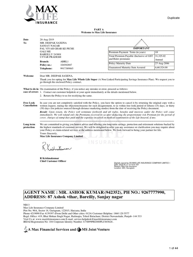 Agent Name: Mr. Ashok Kumar (942352), PH NO.: 9267777990, ADDRESS: 87 ...
