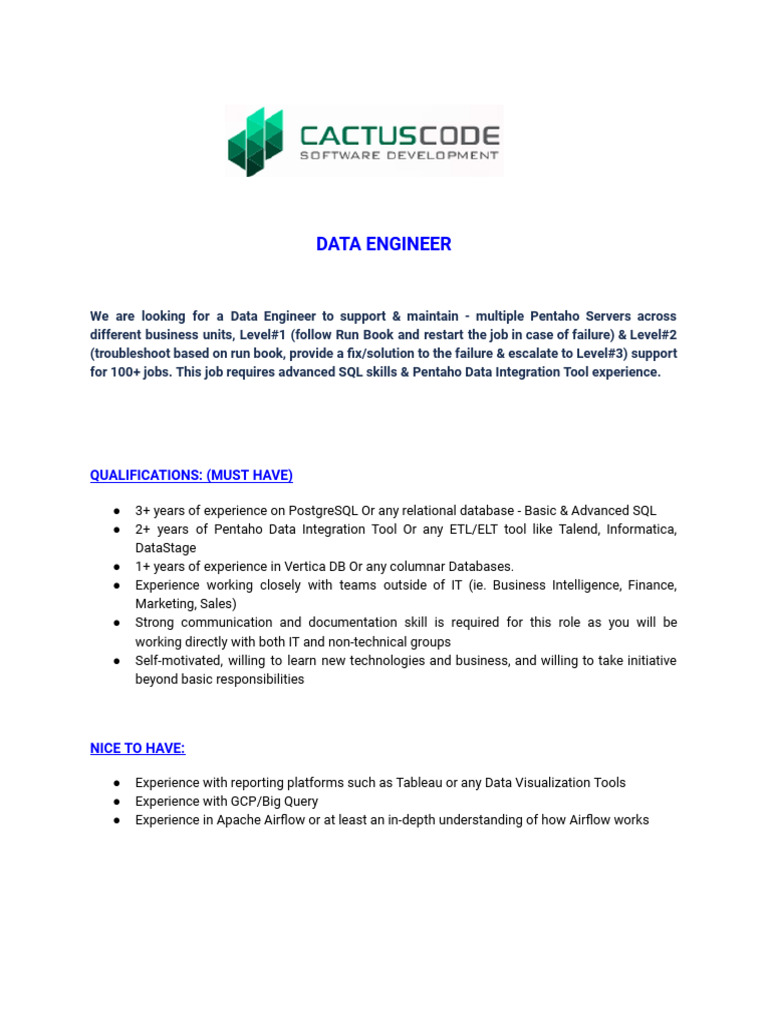 Data Engineer - JD | PDF | Databases | Computing