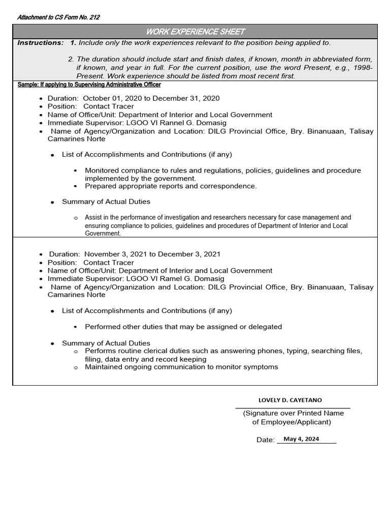 Work-Experience-Sheet-CS-Form-No.-212 Lovely 1st Page | PDF ...
