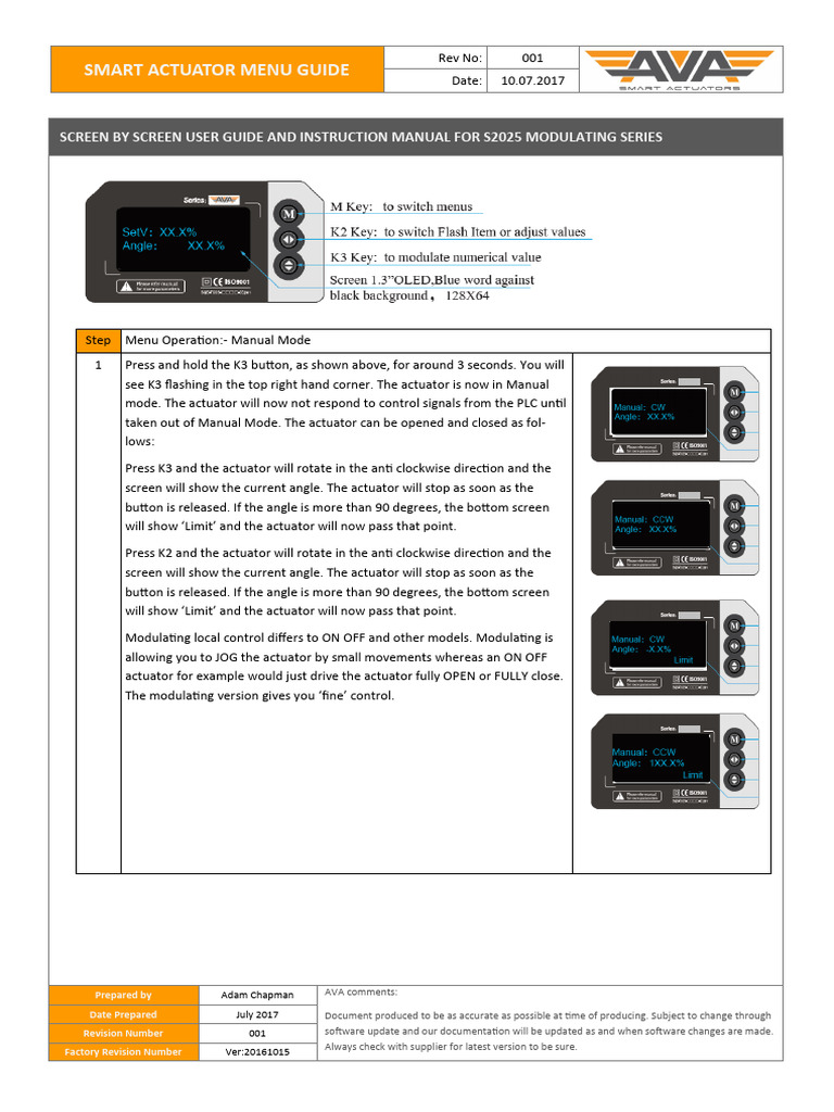 AVA S2025 User Menu Guide Rev1 | PDF | Valve | Actuator
