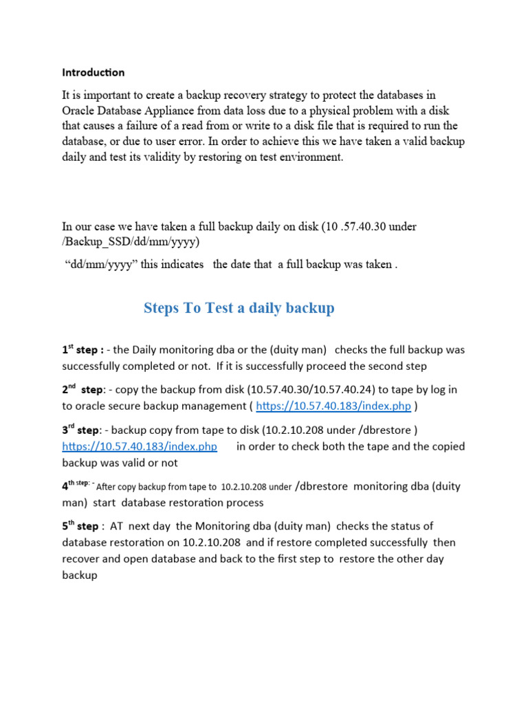 Oracle Database Backup Recovery Steps | PDF