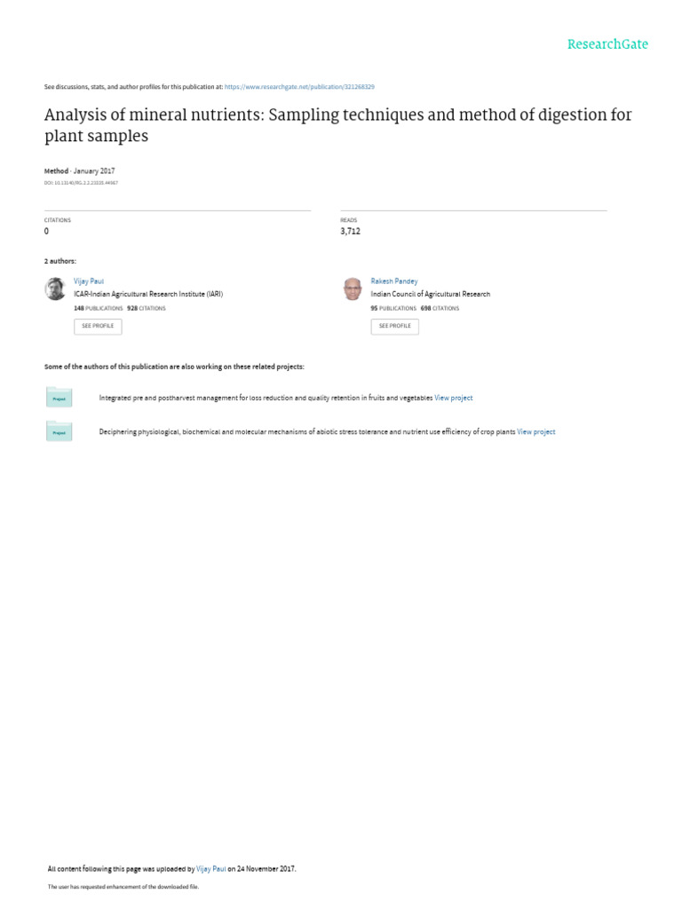 Analysis of Mineral Nutrients Sampling Technique Sand Method of ...