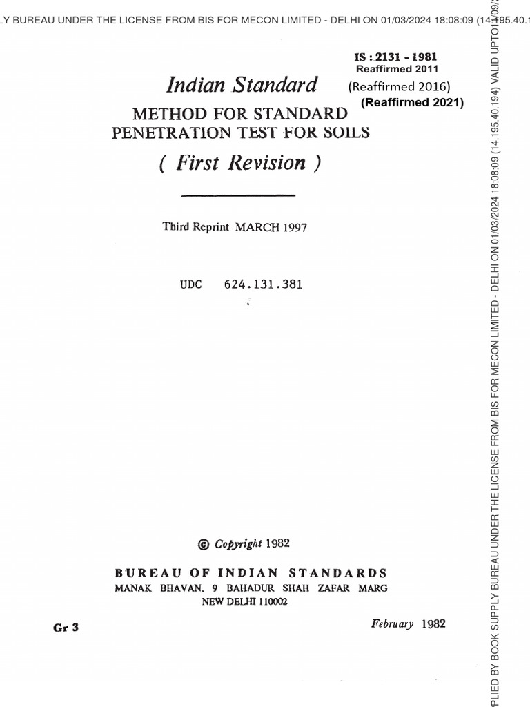 Is 2131 - 1981 (Reaffirmed2021) - Standard Penetration Test | PDF