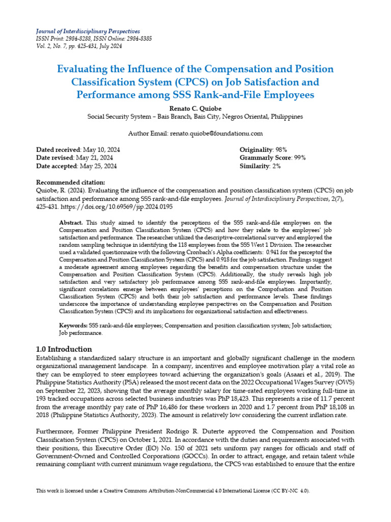 Evaluating the Influence of the Compensation and Position Classification System (CPCS) on Job ...